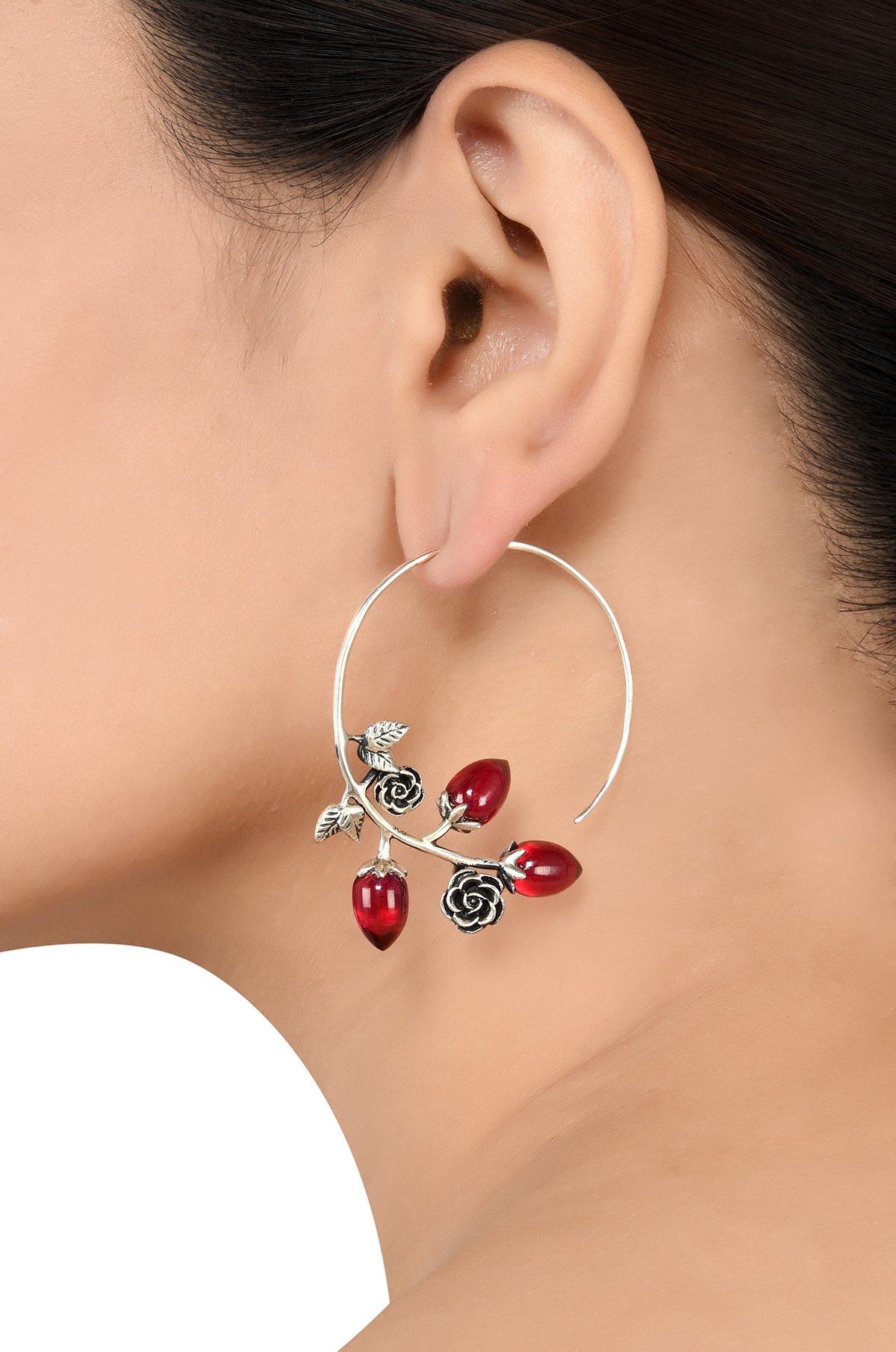 Silver Floral Ruby Hoops